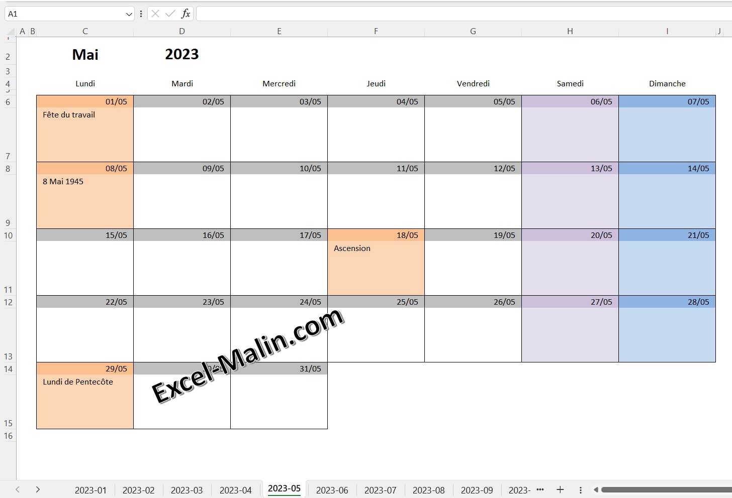 Calendrier Mensuel EXCEL & PDF - GRATUIT et Personnalisable